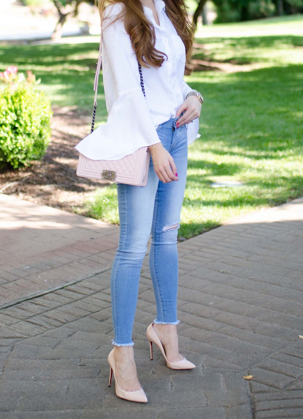 White Button Down with Flare... - Jimmy Choos & Tennis Shoes